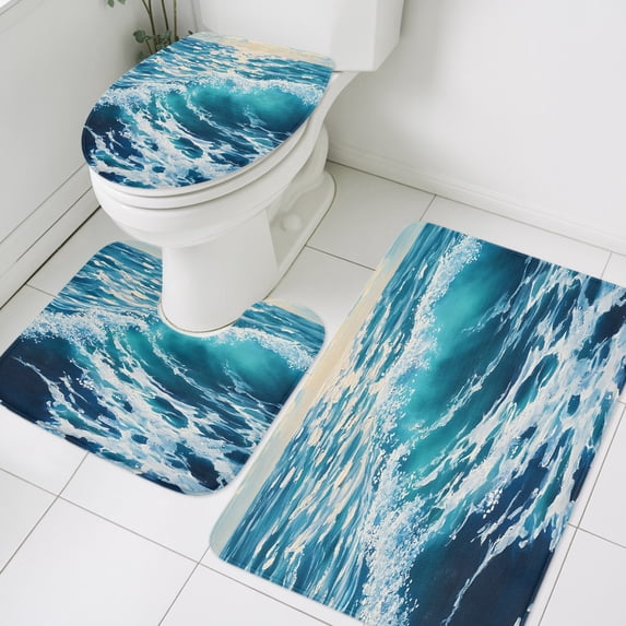 Abstract Ocean Wave Bathroom Rugs Set Impressionist Blue Marine Non ...