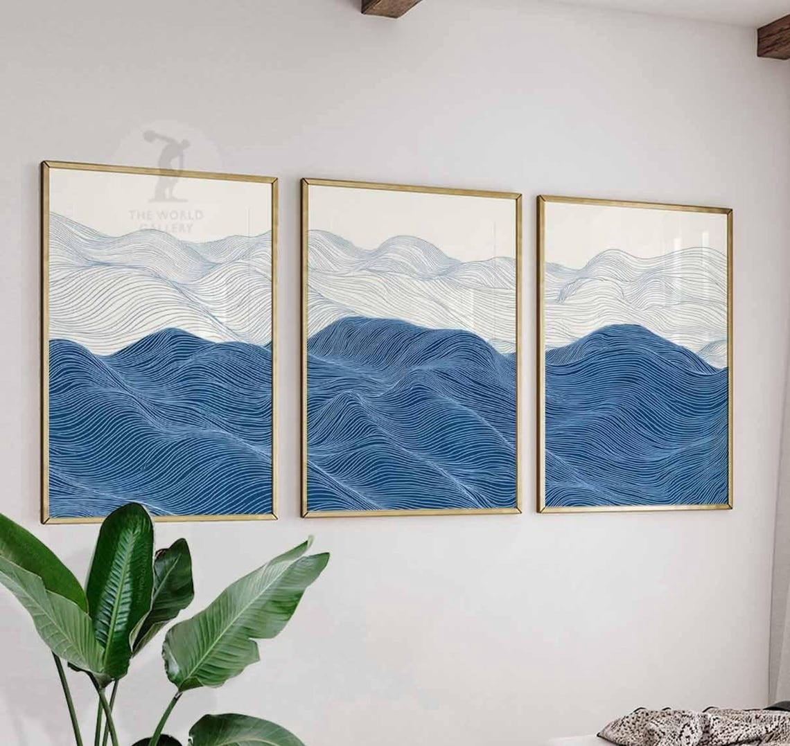 Abstract Ocean Wave Blue Line Coastal Wall Decor Set 3 Unframed Paper ...
