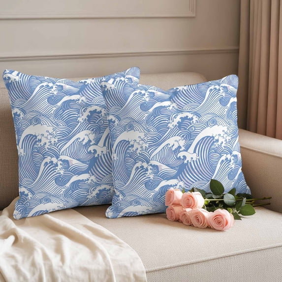 Abstract Ocean Wave Blue Stripe Waterproof Throw Pillow Covers Set of 2 ...