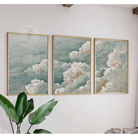 Abstract Ocean Wave Nautical Home Decor Art Set 3 Stretched Canvas ...