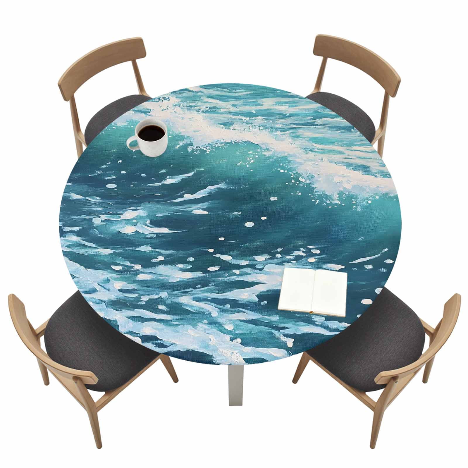 Abstract Ocean Wave Round Fitted Tablecloth with Elastic Edge Modern ...