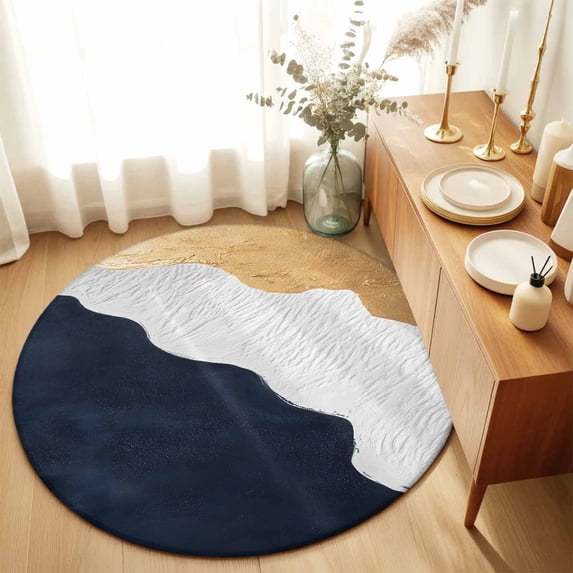 Abstract Ocean Wave Round Rug 3ft Modern Gold White Blue Stripe ...