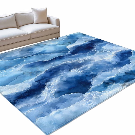 Abstract Ocean Waves Area Rug, Blue Marble Texture Coastal Luxury Decor ...