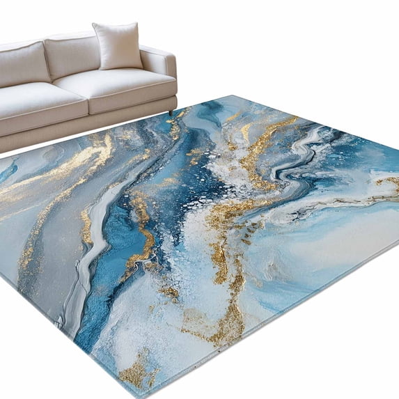 Abstract Ocean Waves Area Rugs 4x6ft Gradient Blue Gold Sea Art Floor ...