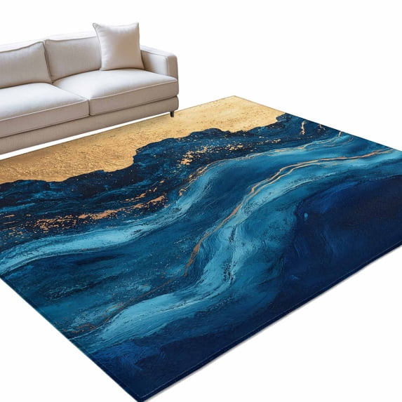 Abstract Ocean Waves Area Rugs 5x8ft Gradient Deep Blue Gold Mountain ...