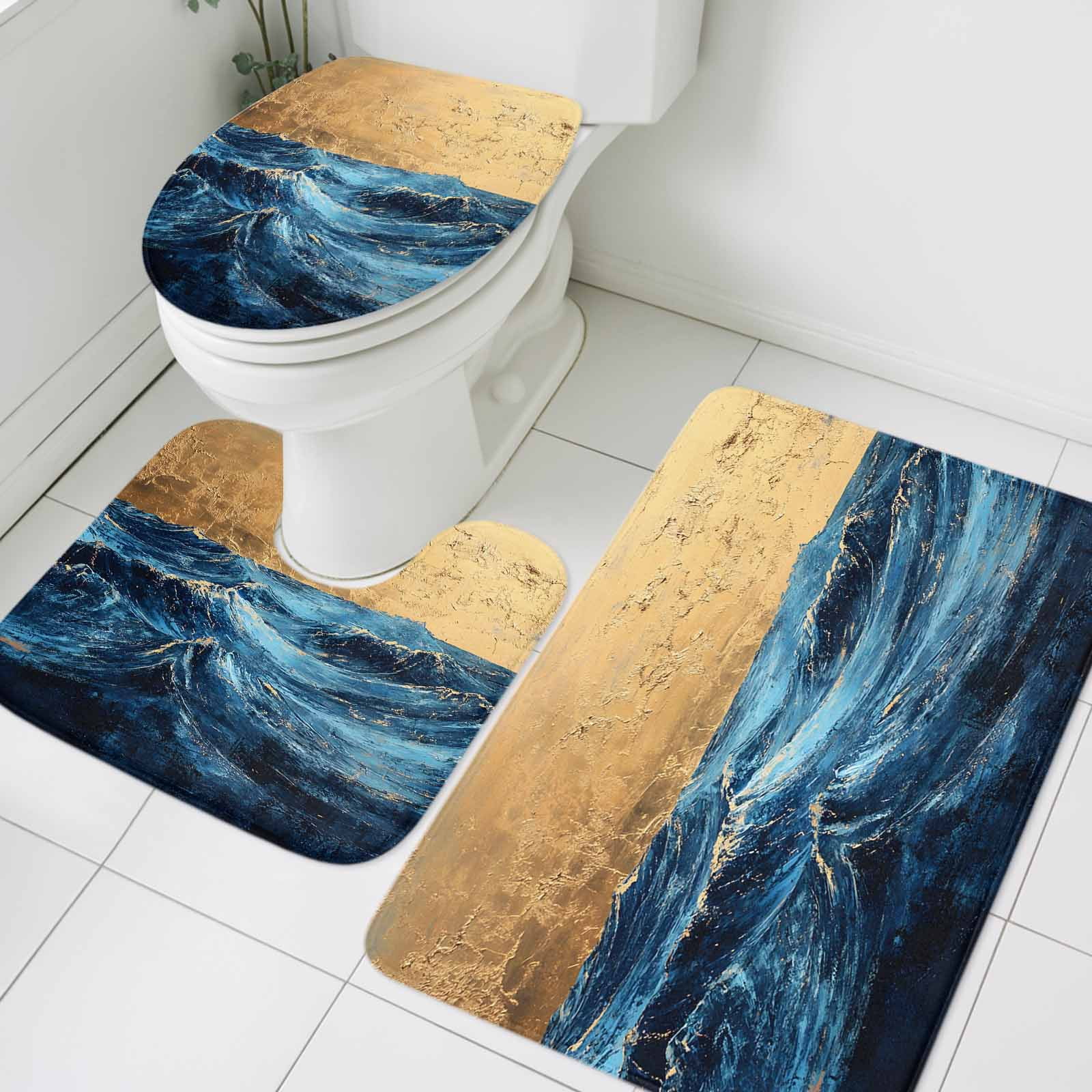 Abstract Ocean Waves Bathroom Rugs Set Vintage Nautical Gradient Gold ...