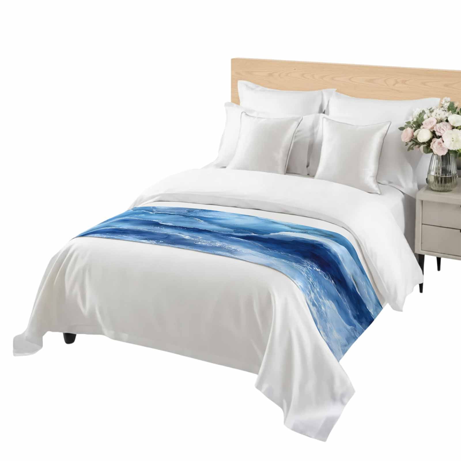 Abstract Ocean Waves Bed Runner Queen Size Blue Marble Texture Coastal ...
