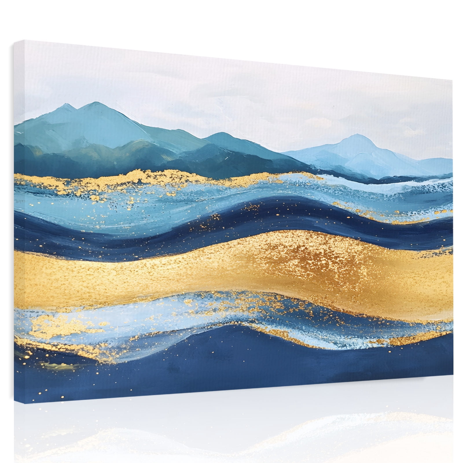 Abstract Ocean Waves Canvas Print Wall Art, Gradient Teal Gold Mountain ...