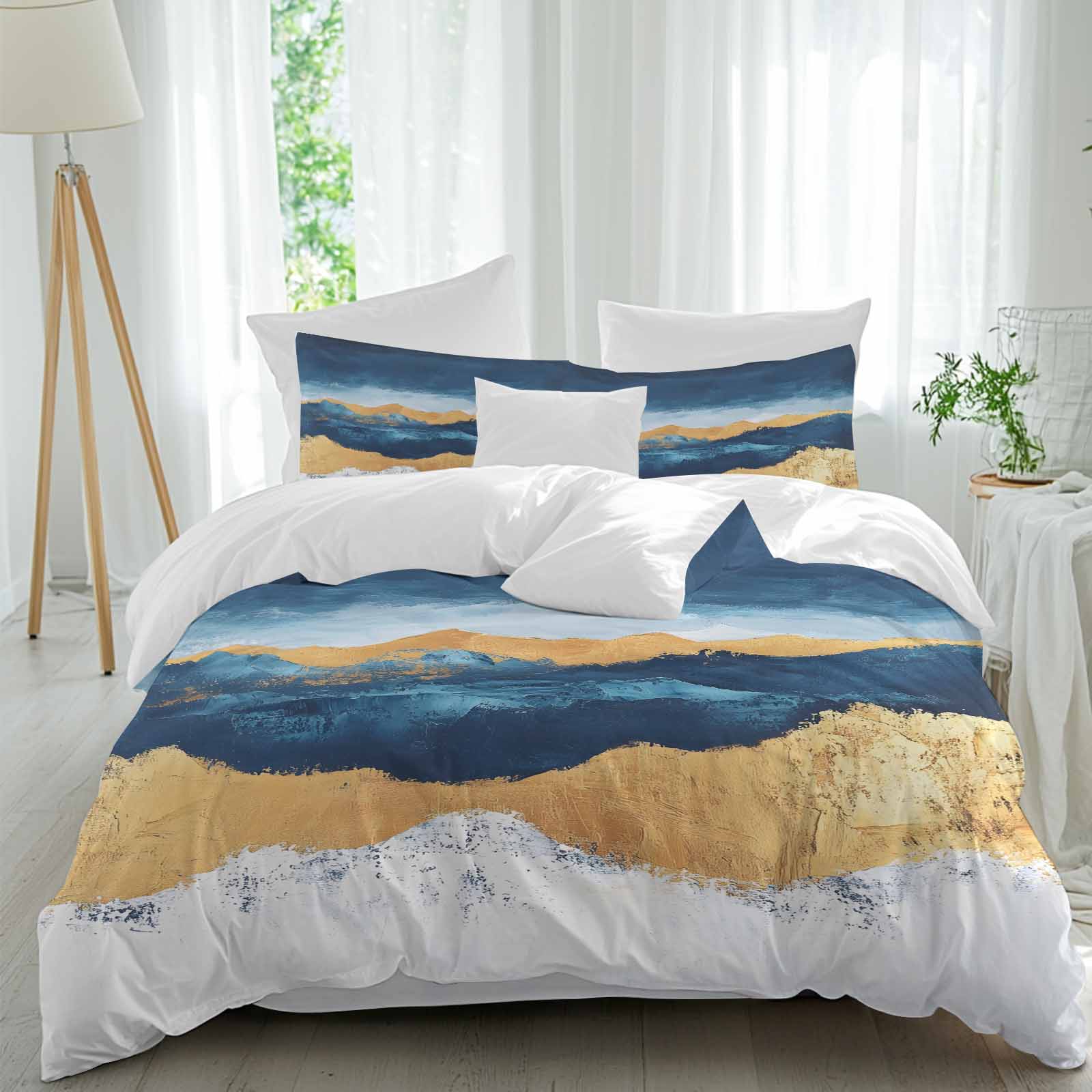 Abstract Ocean Waves Duvet Cover Set Full Size Gradient Gold Blue ...