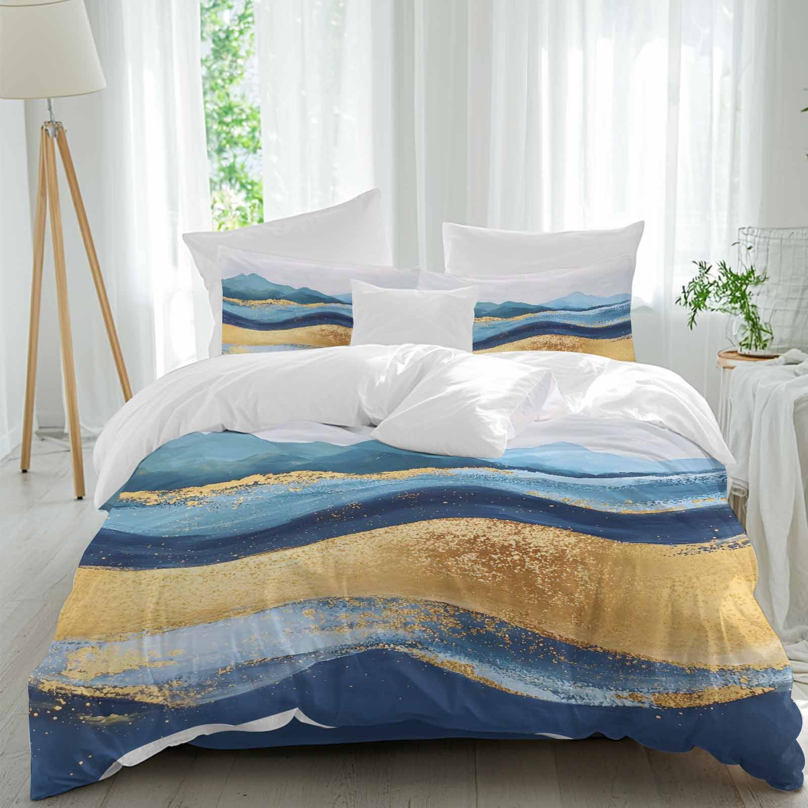 Abstract Ocean Waves Duvet Cover Set Full Size, Gradient Teal Gold ...
