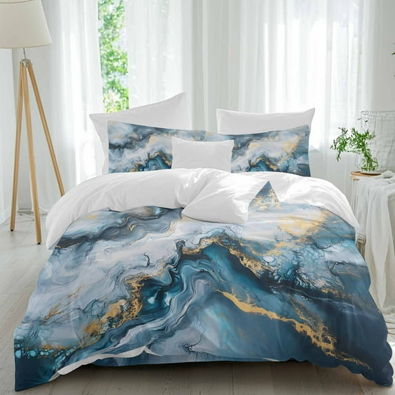 Abstract Ocean Waves Duvet Cover Set Queen Size, Gradient Gold Blue Sea ...