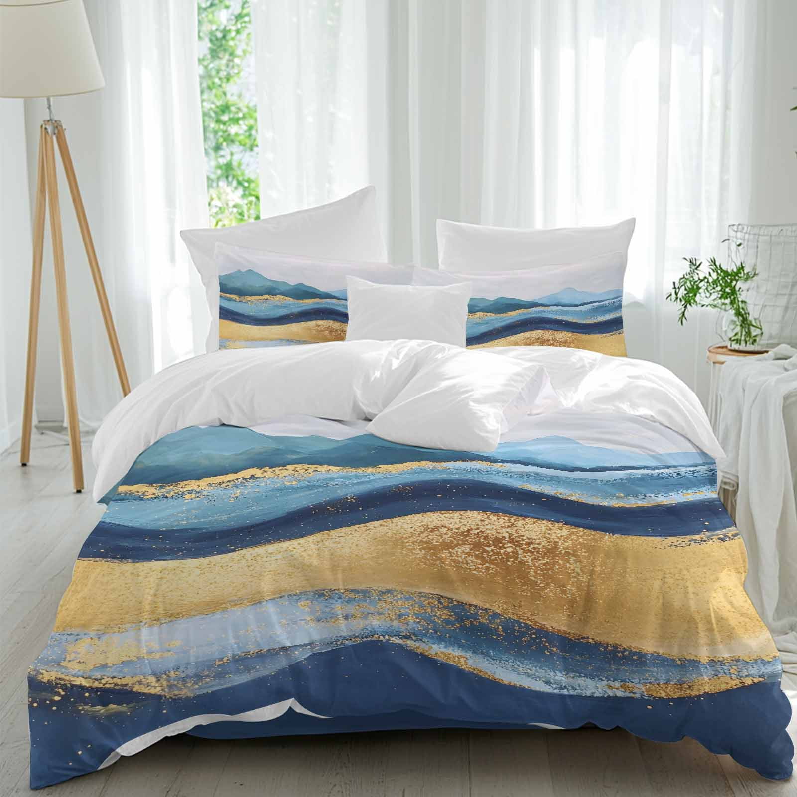 Abstract Ocean Waves Duvet Cover Set Queen Size, Gradient Teal Gold ...