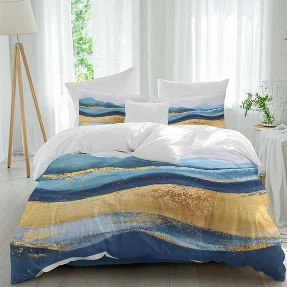 Abstract Ocean Waves Duvet Cover Set Queen Size, Gradient Teal Gold ...