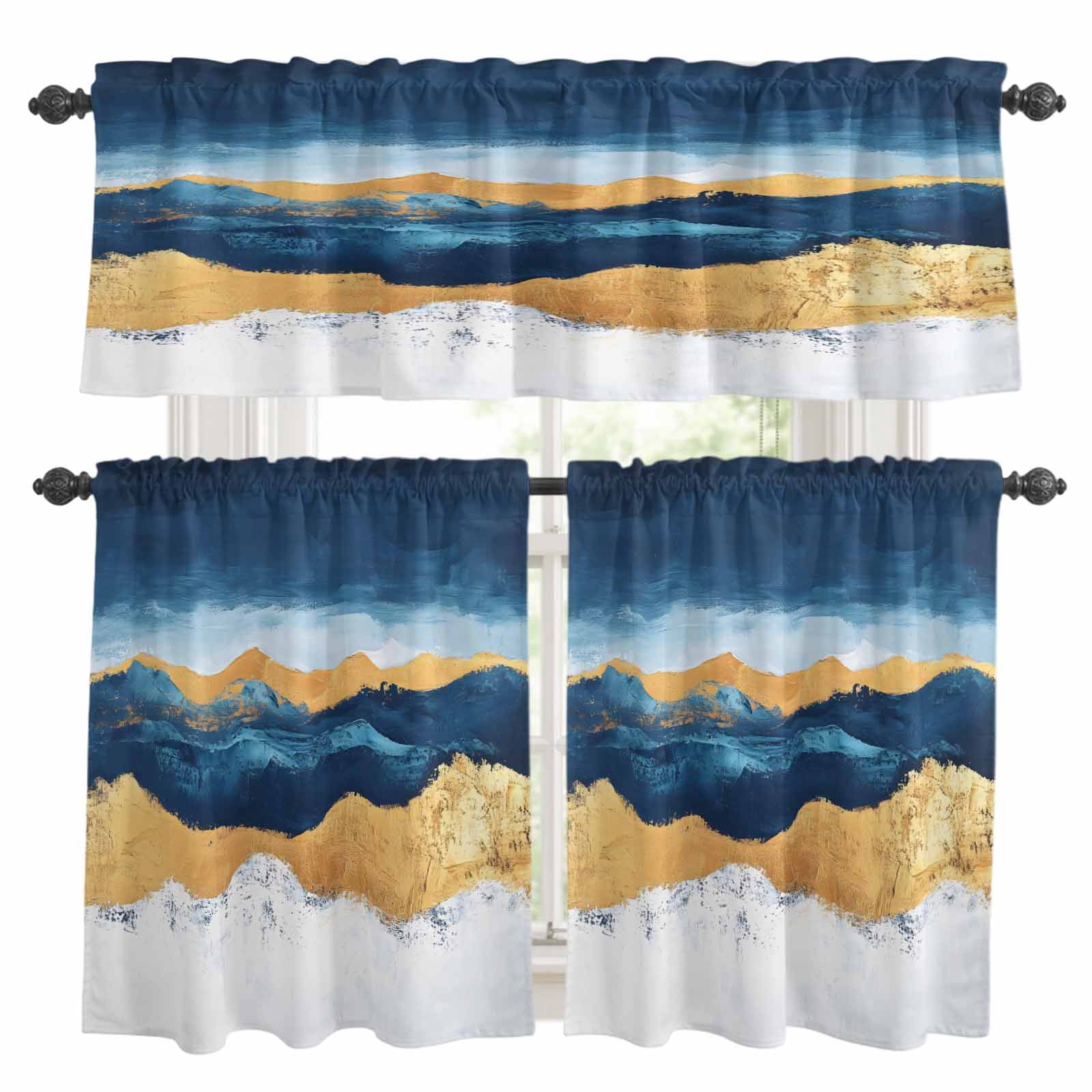 Abstract Ocean Waves Kitchen Curtains Set for Windows, Gradient Gold ...