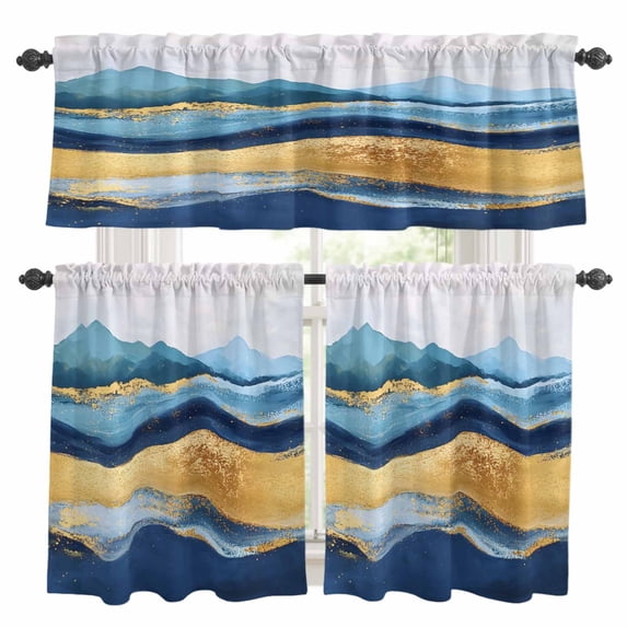 Abstract Ocean Waves Kitchen Curtains Set for Windows, Gradient Teal ...