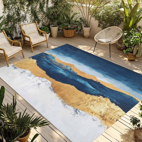 Abstract Ocean Waves Outdoor Rug, Gradient Gold Blue Landscape Art Non ...