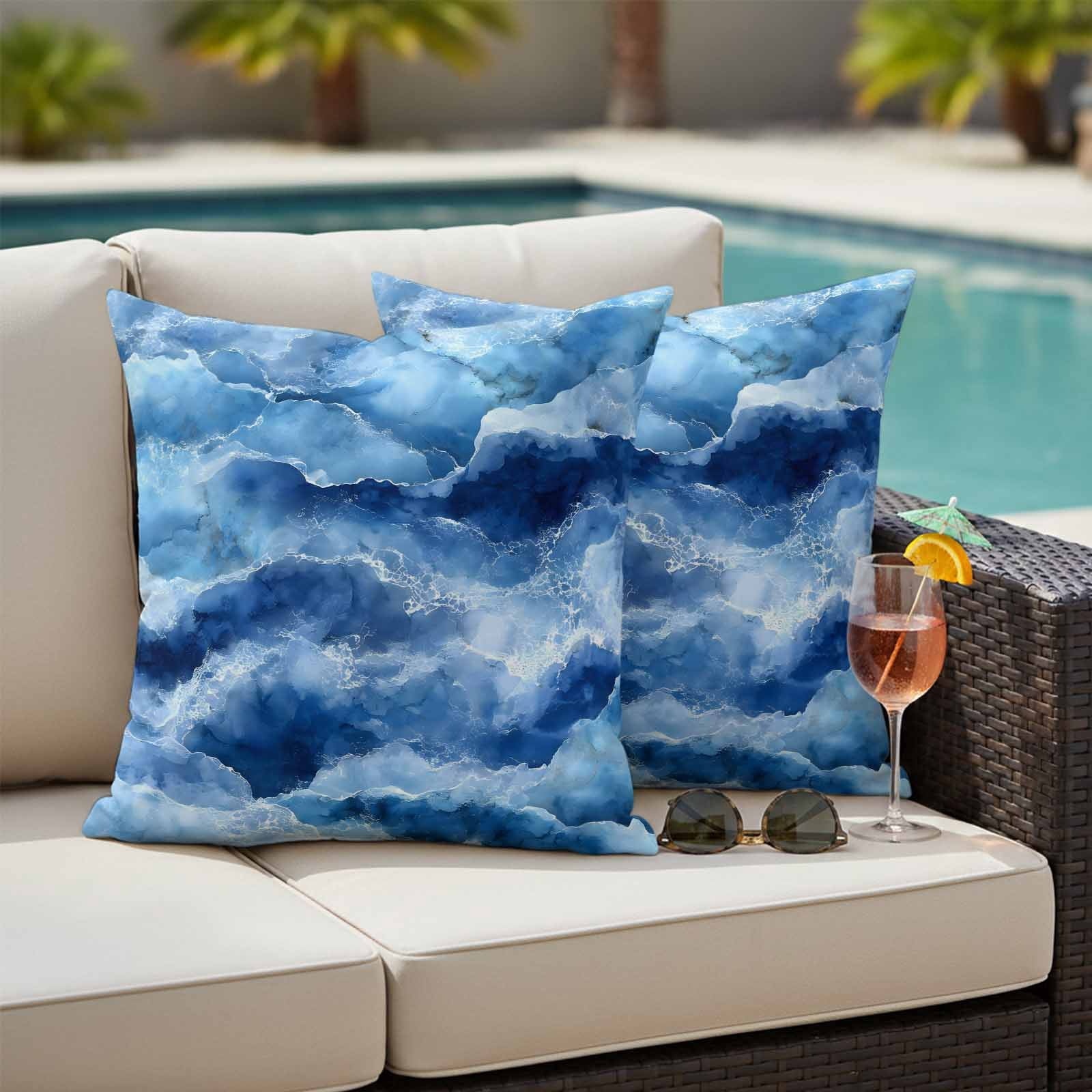 Abstract Ocean Waves Outdoor Throw Pillow Covers Set of 2, Blue Marble ...