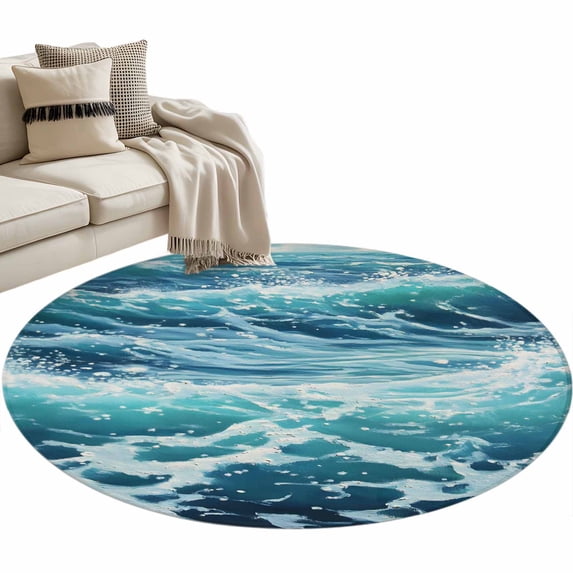 Abstract Ocean Waves Round Area Rug 4 ft Modernism Blue Marine Washable ...