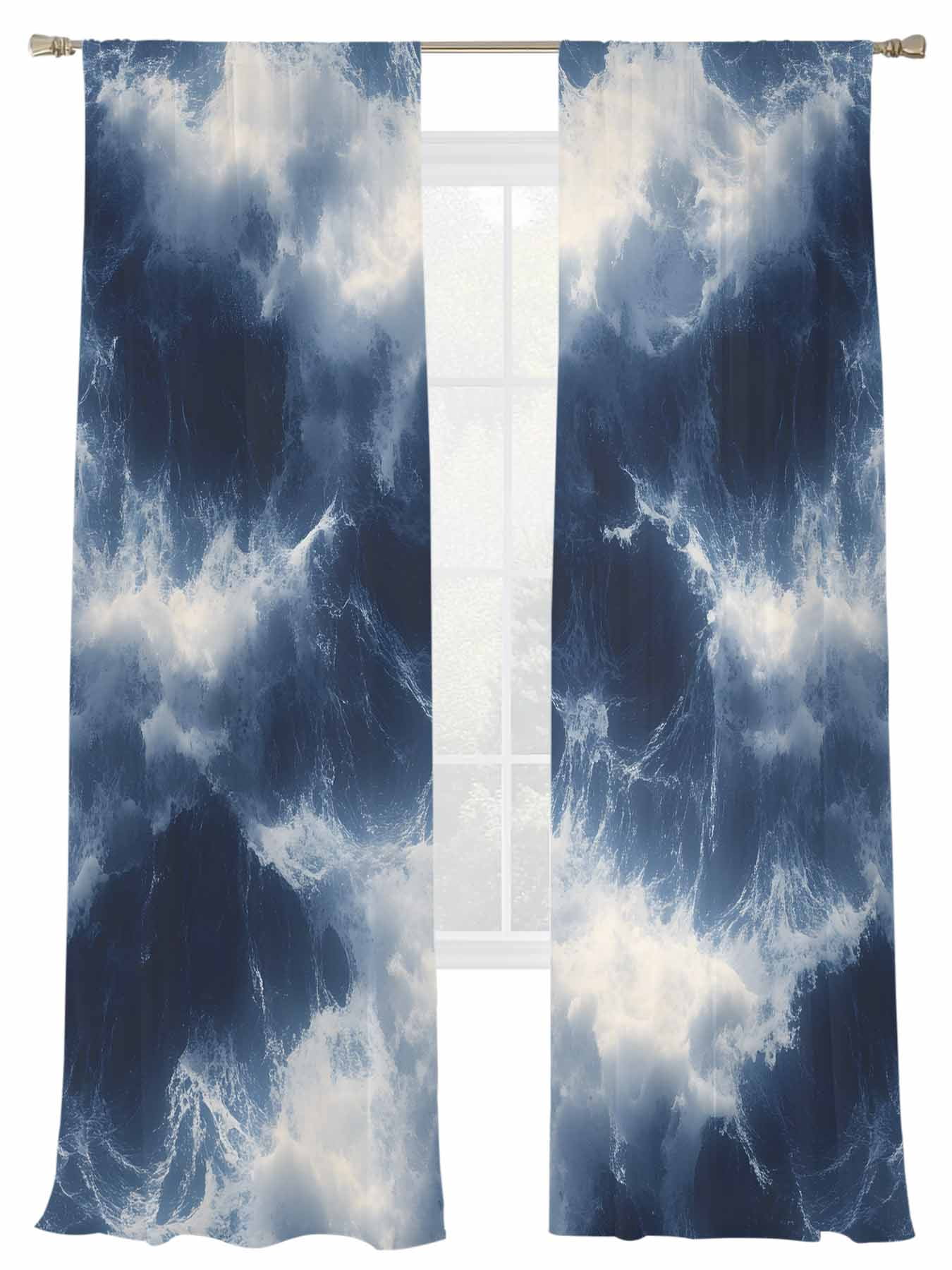 Abstract Ocean Waves Sheer Curtains 108 Inch Long 2 Panels, Dark Blue ...