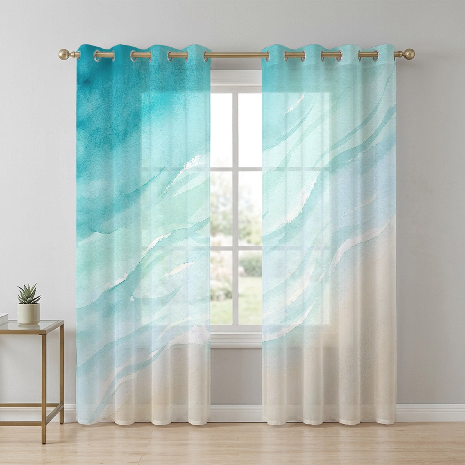 Abstract Ocean Waves Sheer Curtains 84 Inch Long 2 Panels, Coastal ...