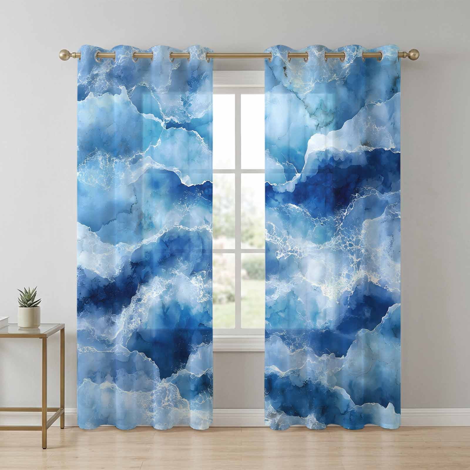 Abstract Ocean Waves Sheer Curtains 96 Inch Long 2 Panels, Blue Marble ...