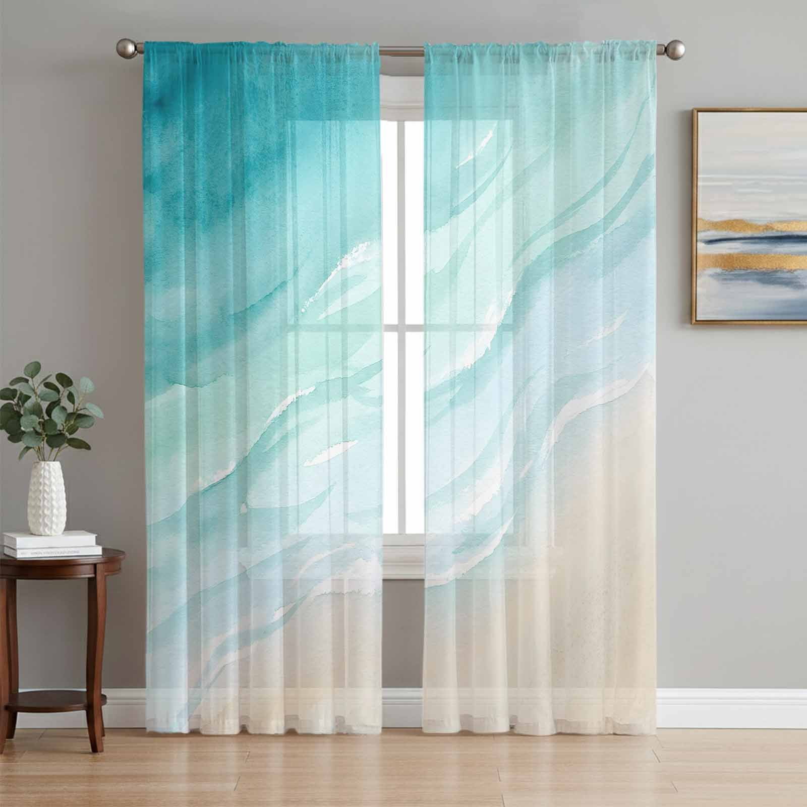 Abstract Ocean Waves Sheer Curtains for Living Room Bedroom, Coastal ...