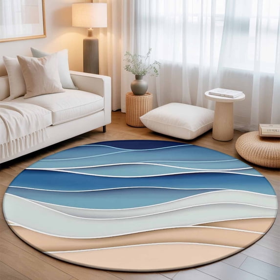 Abstract Ocean Waves Stripes Round Rug 5ft Blue Gradient Water Ripples ...