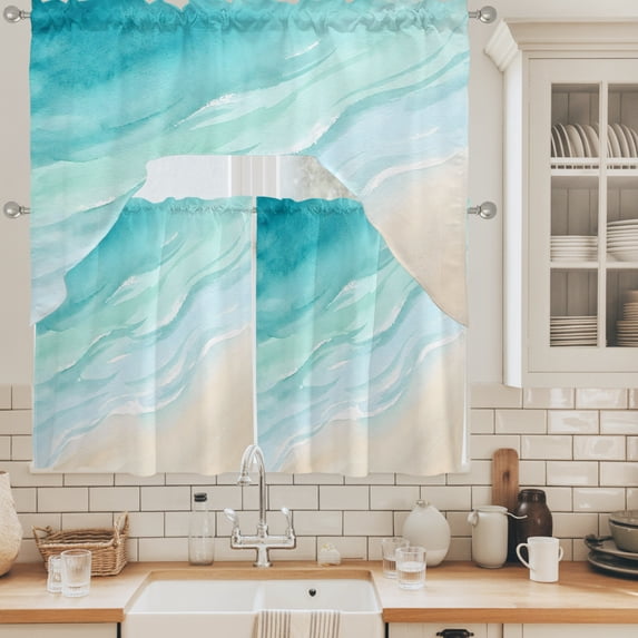 Abstract Ocean Waves Swag Curtains Valance and Tier Set, Coastal Modern ...