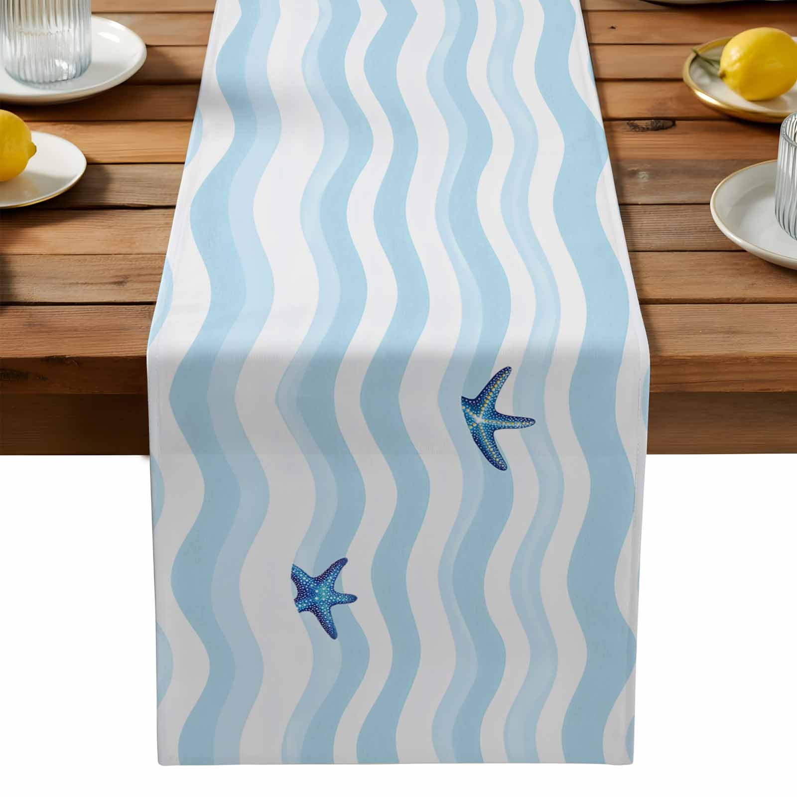 Abstract Ocean Waves Table Runner, Nautical Starfish Blue White Stripes ...