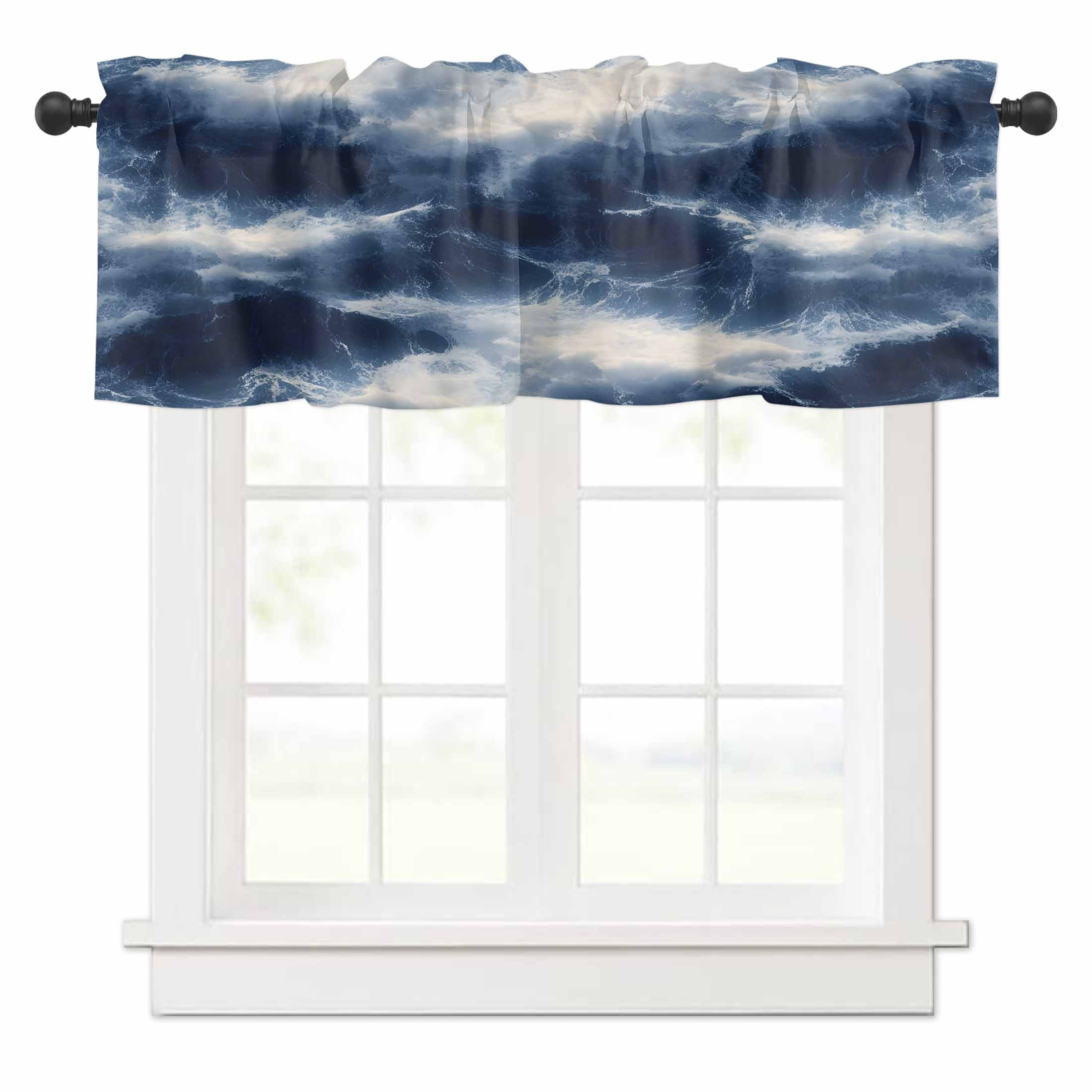 Abstract Ocean Waves Valances for Windows Dark Blue Rainstorm Rod ...