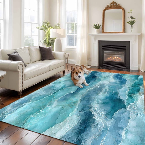 Abstract Ocean Waves Washable Area Rug 8x10 Teal Green Marble Texture ...