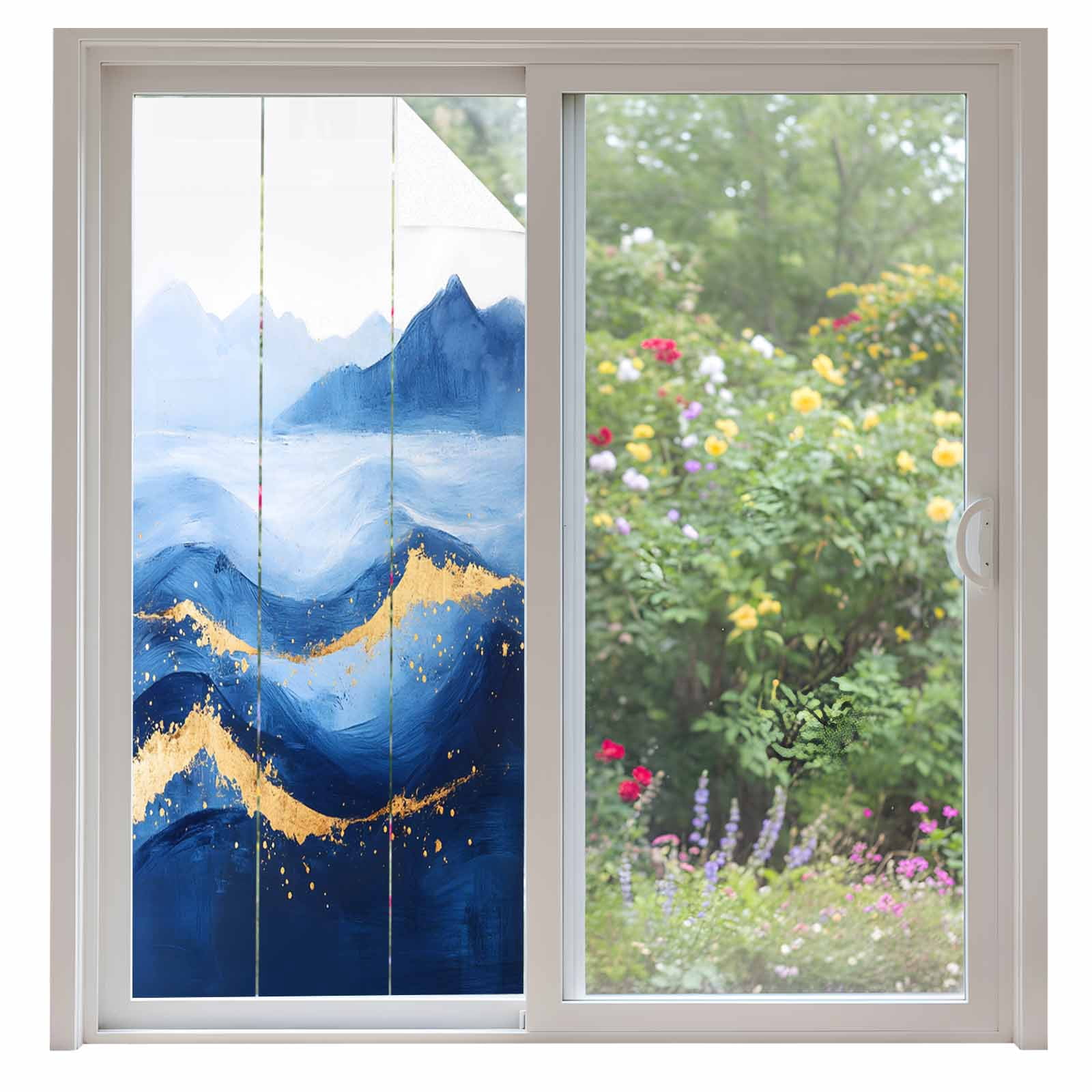Abstract Ocean Window Privacy Film Gradient Blue White Gold Waves ...