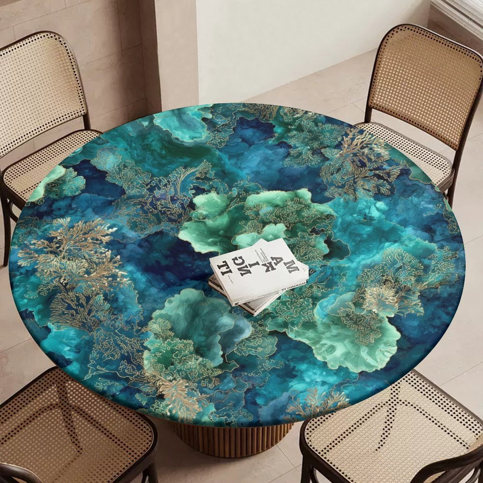 Abstract Oceanic Coral Pattern Round Table Cover Kitchen Printed Waterproof Tablecloth Elastic ...