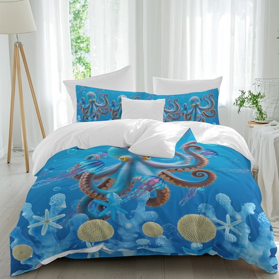 Abstract Oceans Blue Octopus Full Size Bed Set,Corals Jellyfish Bedding ...
