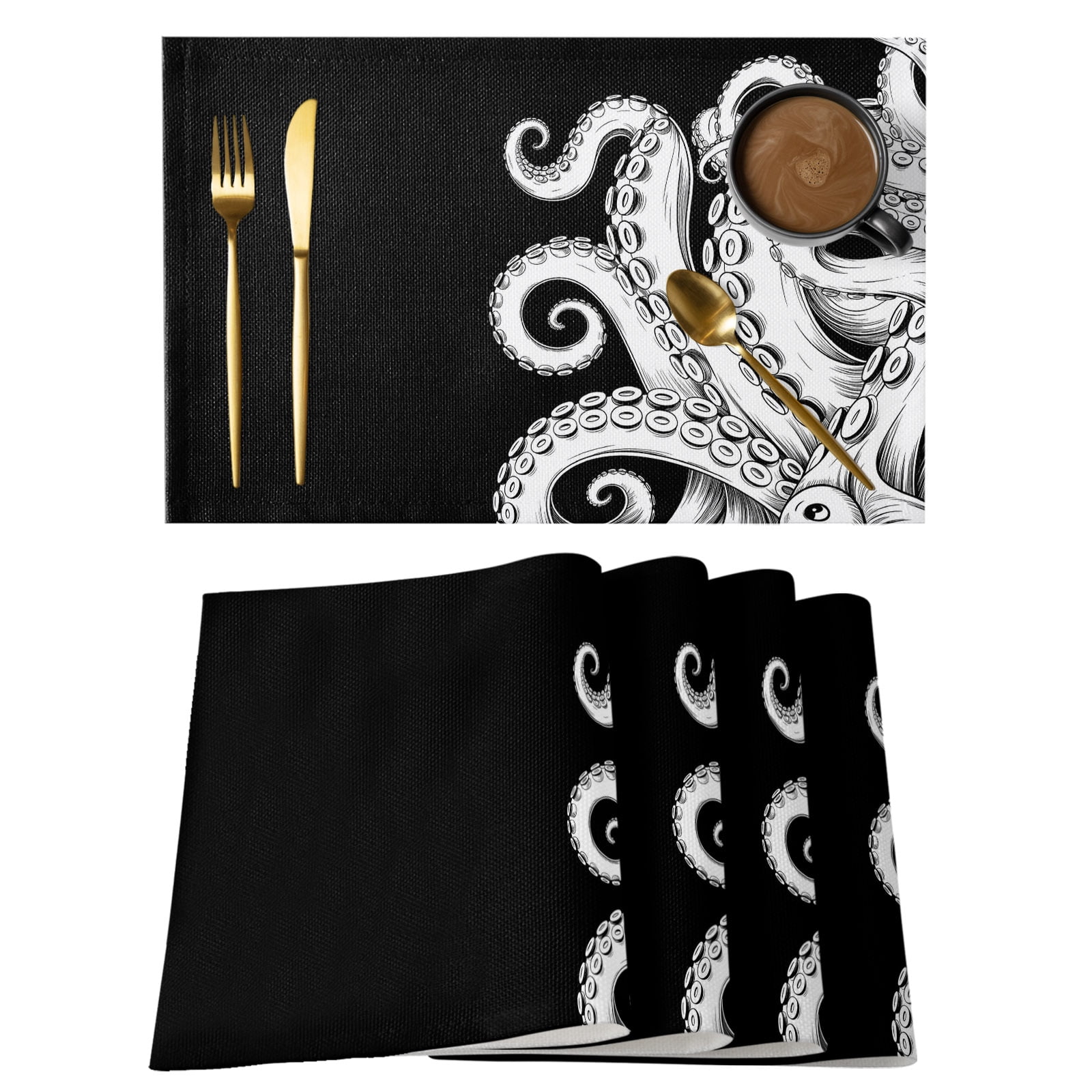 Abstract Octopus Cotton Linen Placemats Set of 2, Vintage Gray White ...
