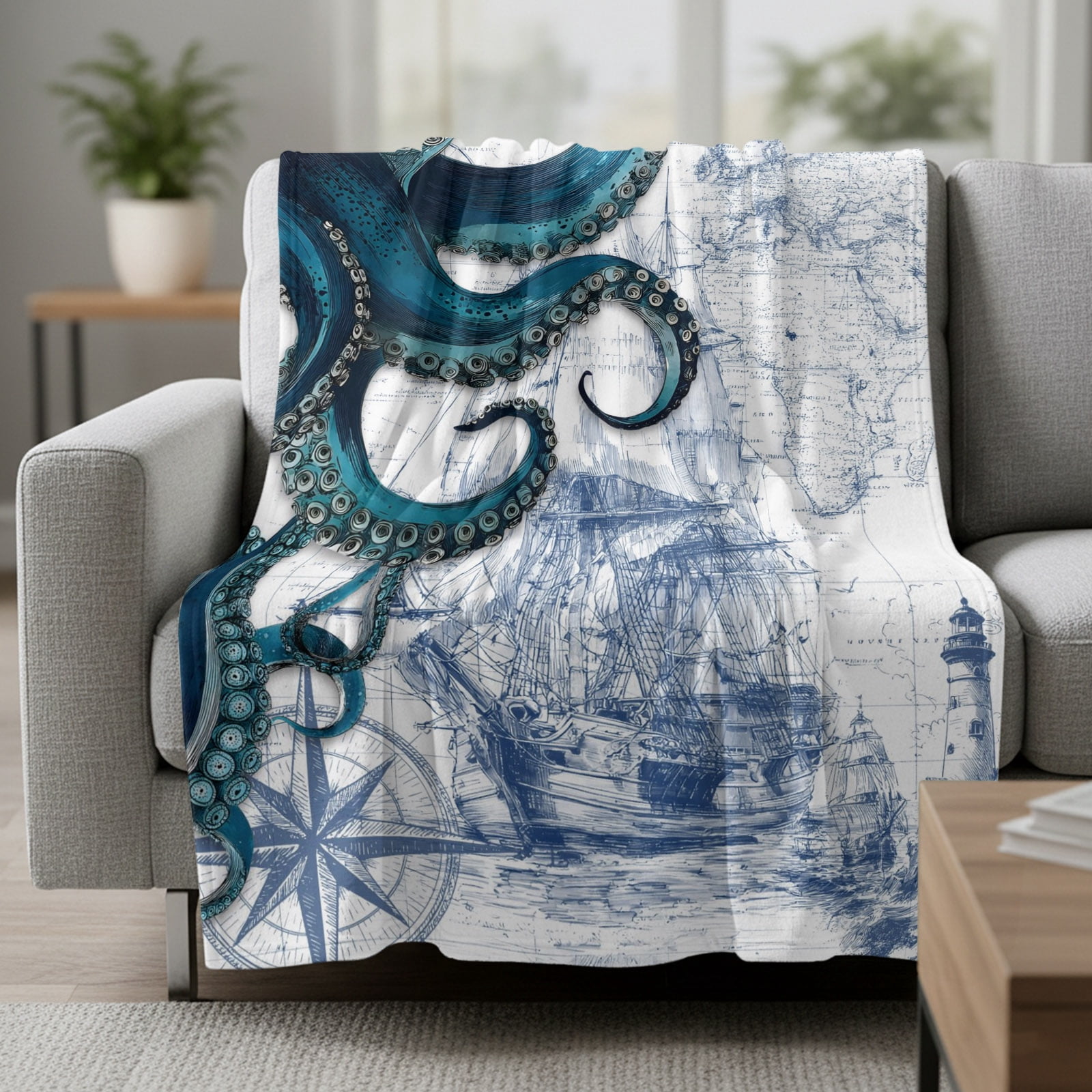 Abstract Octopus Fleece Throw Blanket Vintage Green Octopus Touches ...