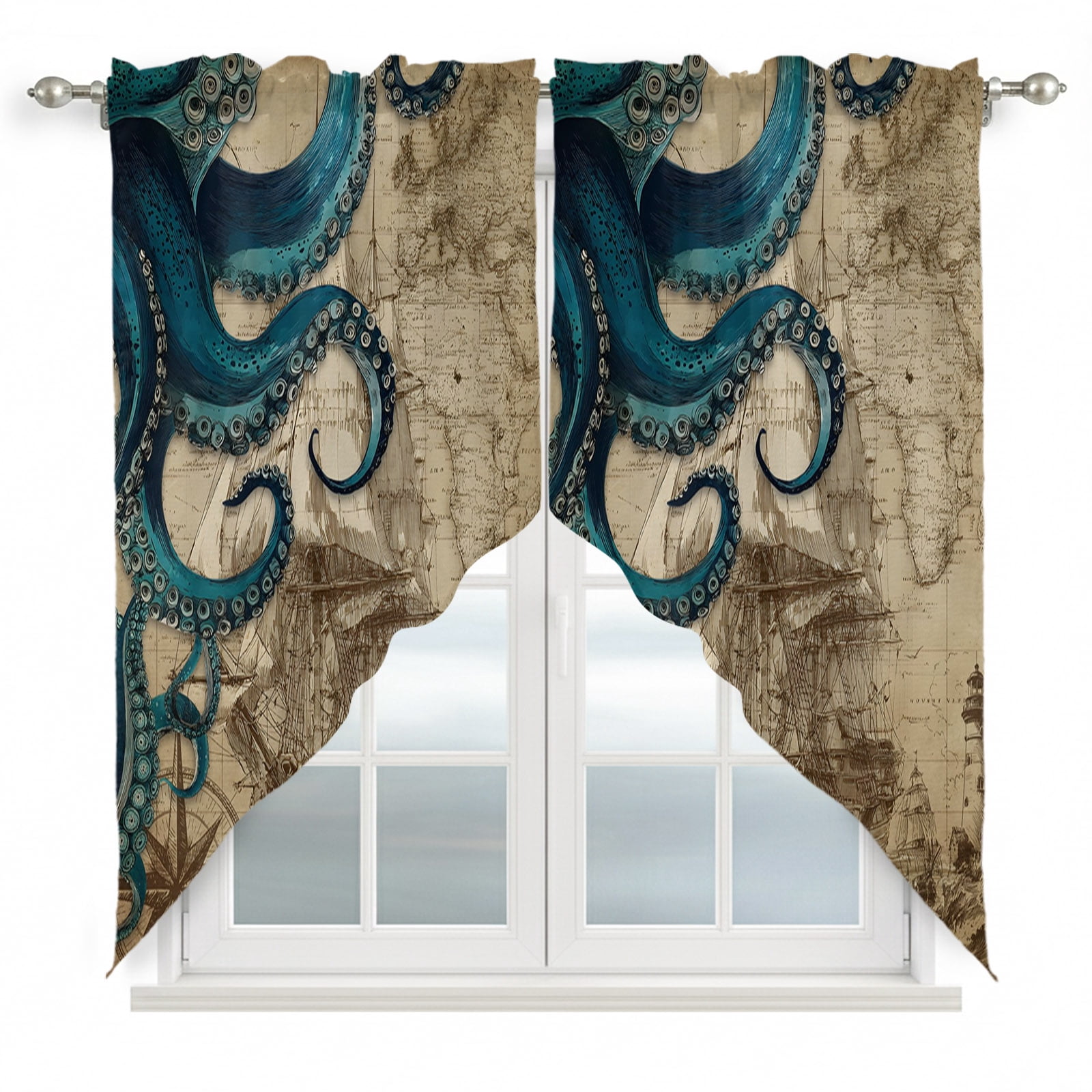 Abstract Octopus Swag Curtain Valance for Window 2 Panels Vintage Green ...