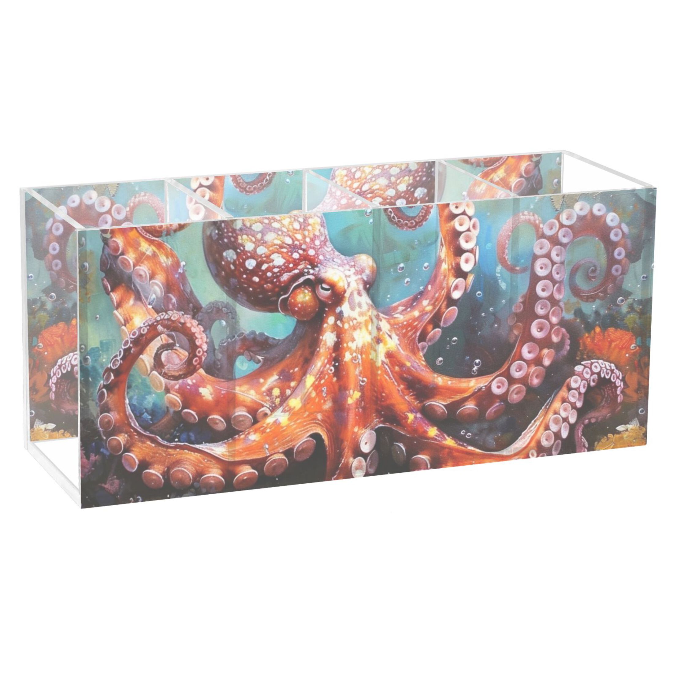 Abstract Octopus in Sea Acrylic Pen Holder Cup 4 Compartments Clear ...