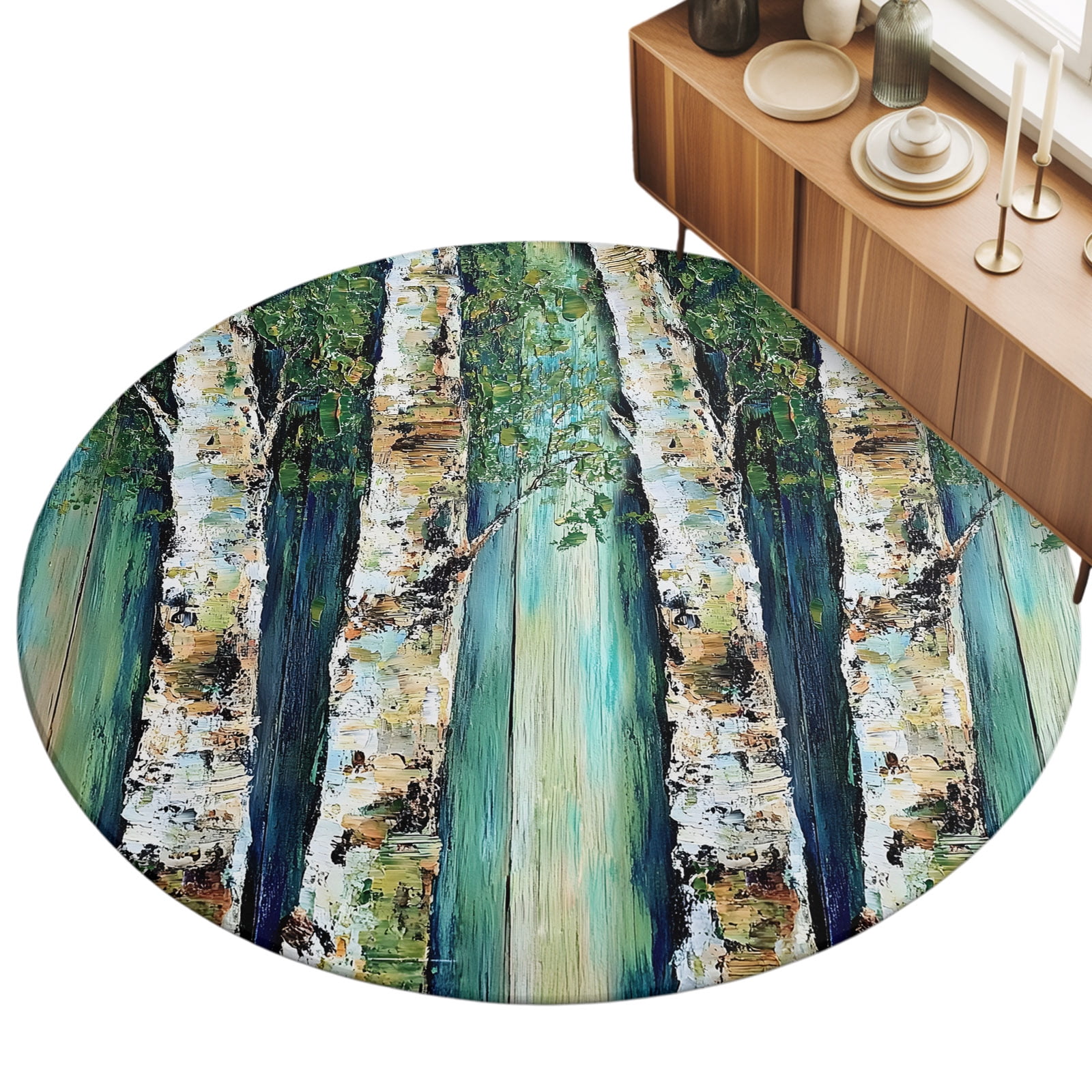Abstract Oil Area Rugs 3.3' (Round) Vintage Painting Trees Green Leaf ...