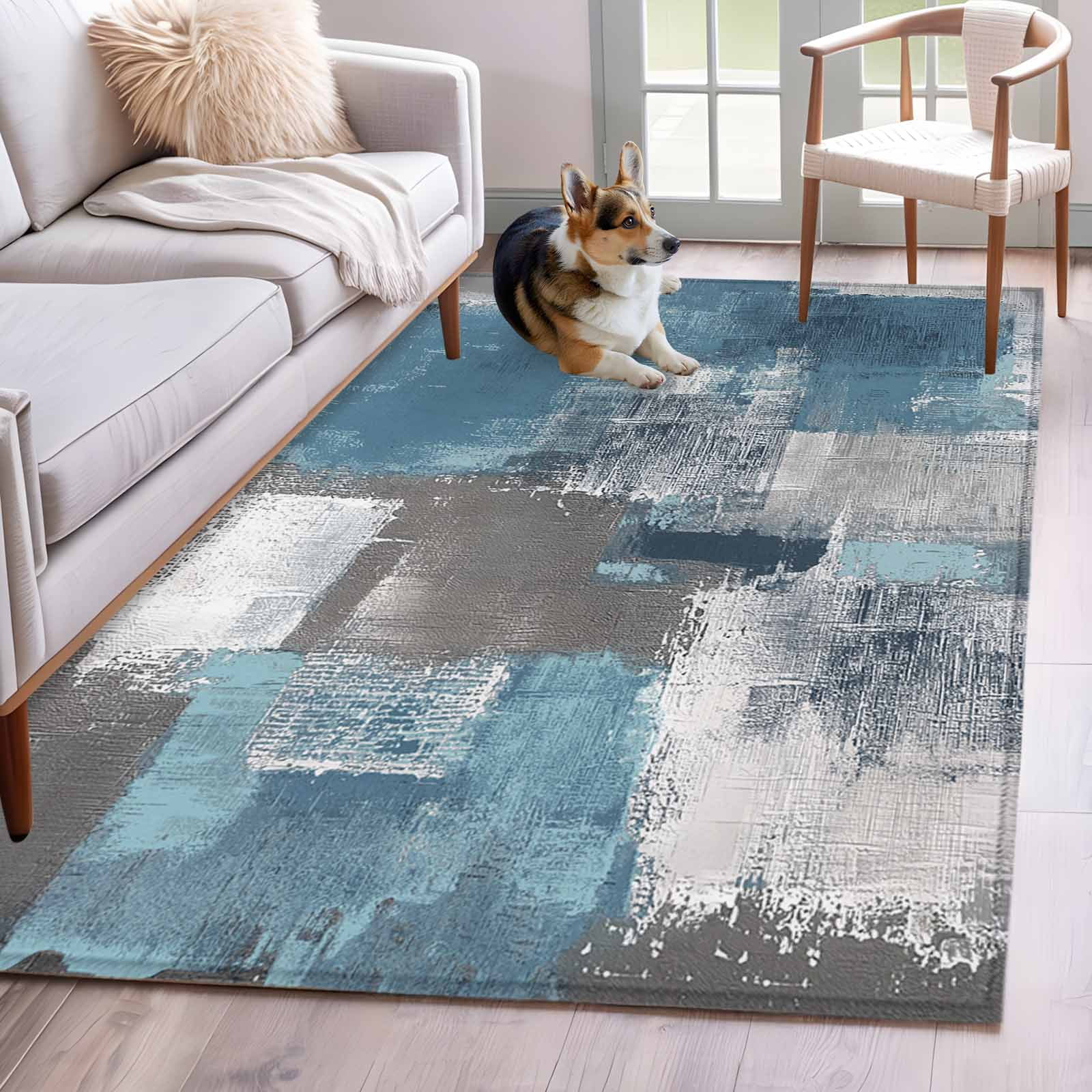 Abstract Oil Painting Area Rugs 4x6 ft Square Blue Smear Washable Rug ...
