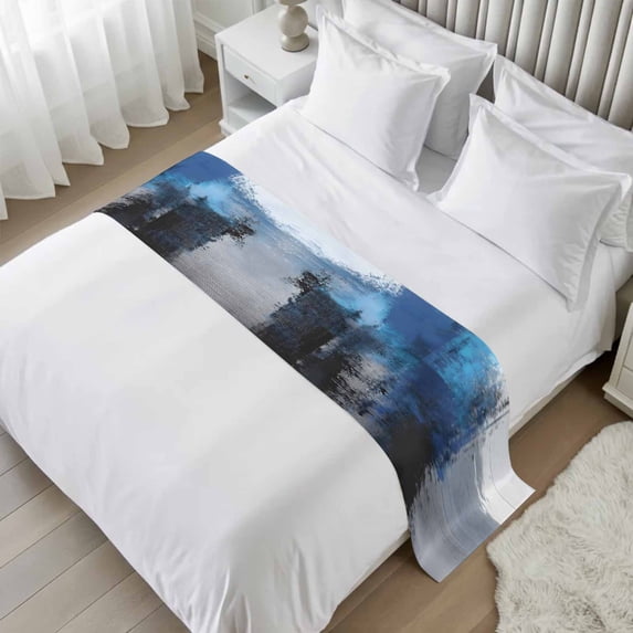 Abstract Oil Painting Bed Runner Scarf, Blue Grey Watercolor Modern Art ...