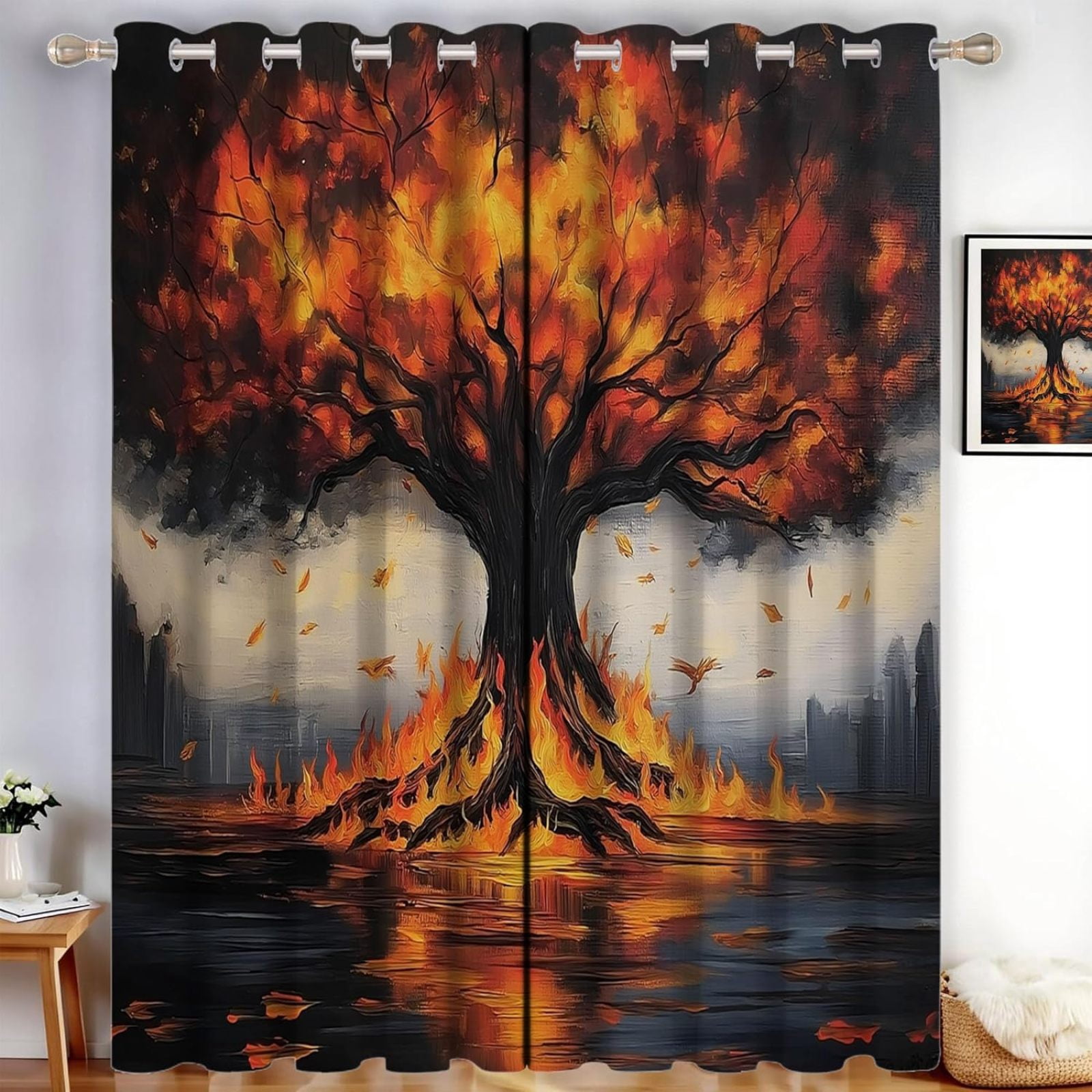 Abstract Oil Painting Blackout Curtains For Bedroom, Orange Red Thermal ...
