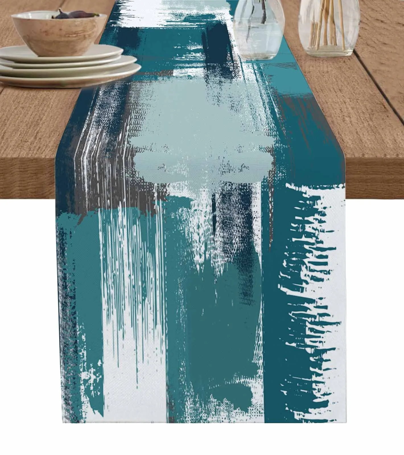 Abstract Oil Painting Blue-Green Table Runner For Kitchen Table Cover ...