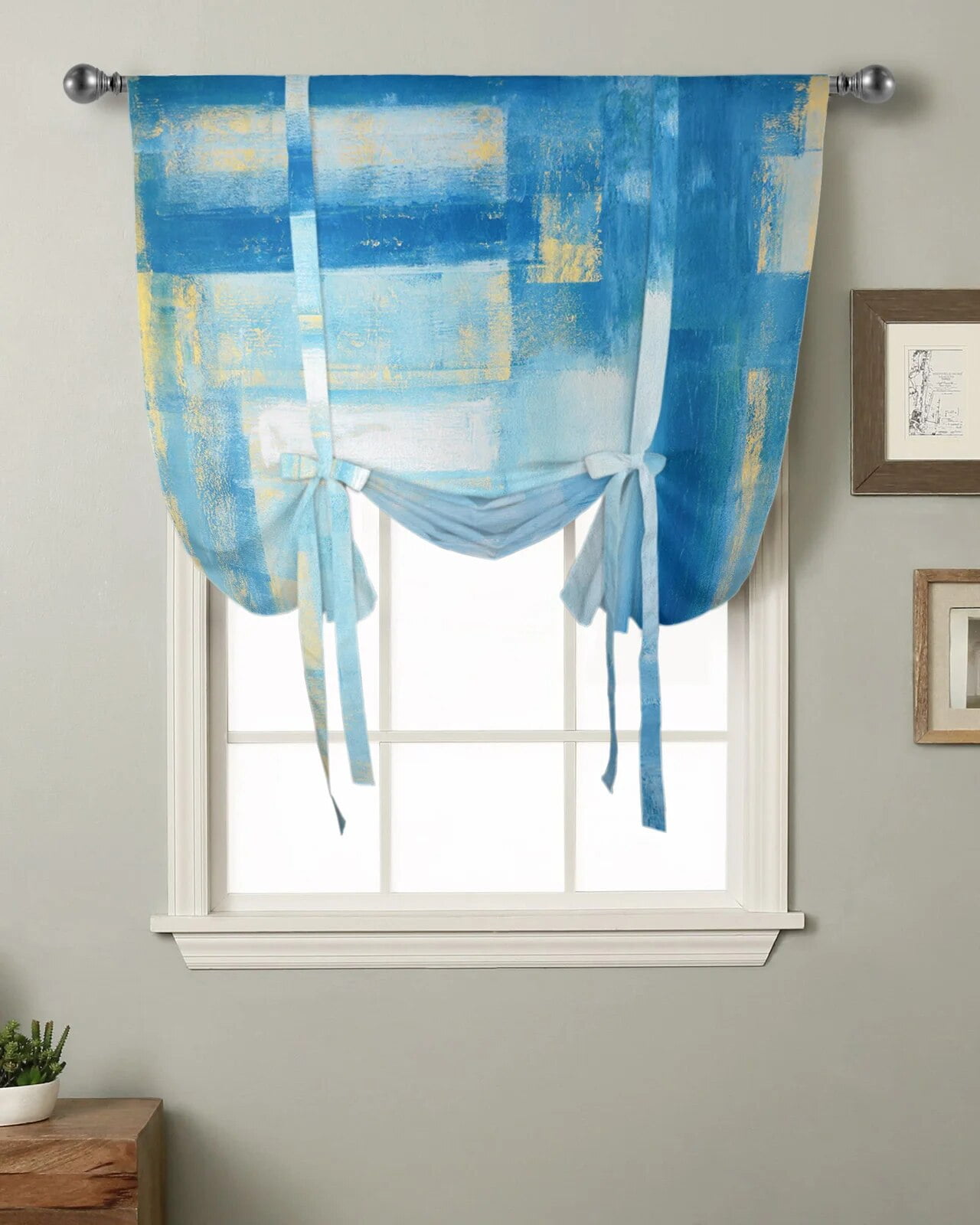 Abstract Oil Painting Blue Kitchen Short Window Curtain Rod Pocket ...