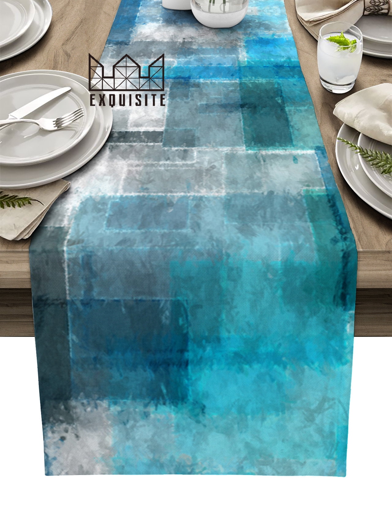 Abstract Oil Painting Color Geometric Blue Table Runner Wedding Dining ...