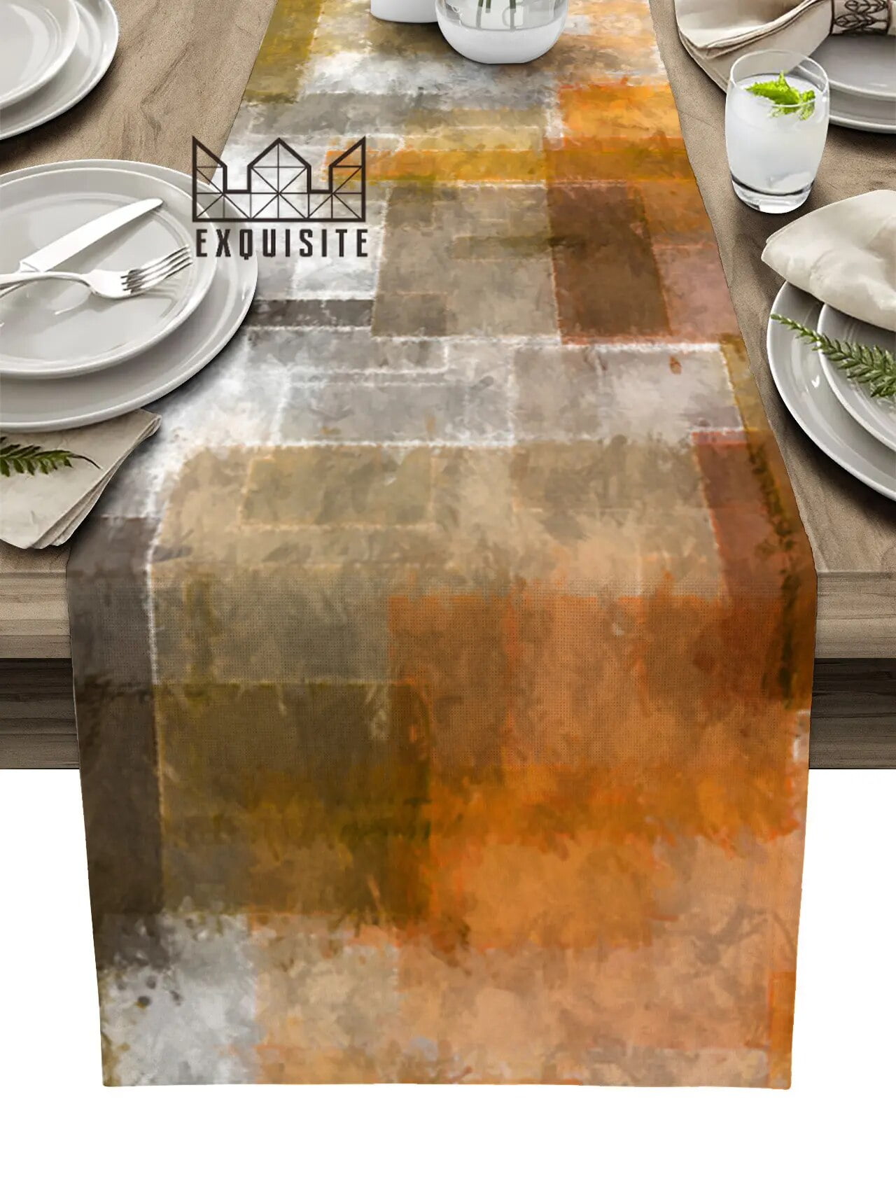 Abstract Oil Painting Color Geometric Orange Table Runner Home Wedding ...