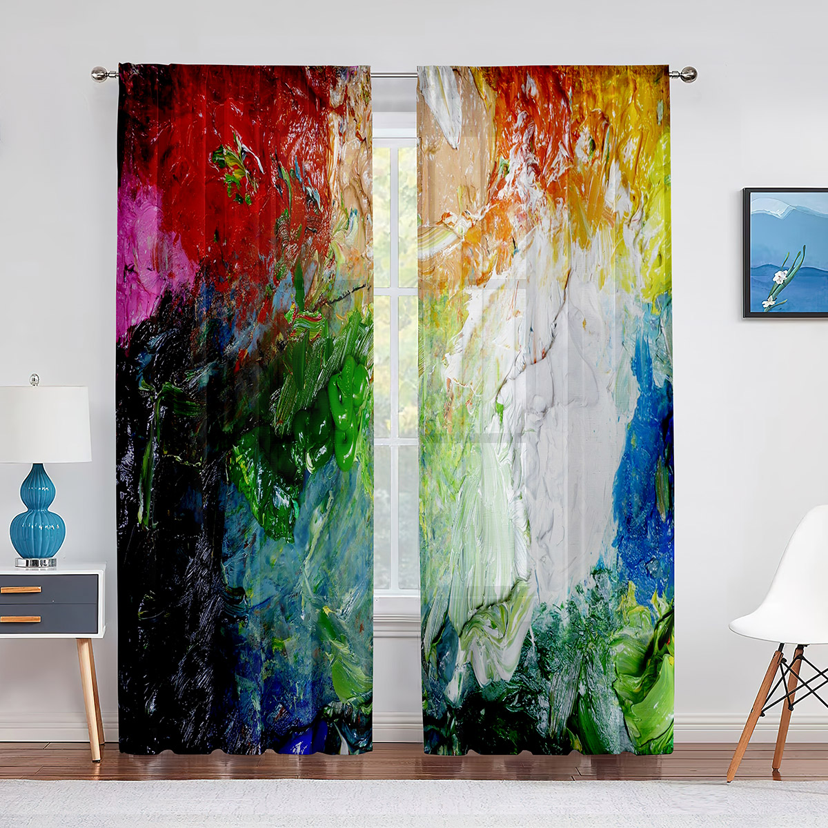 Abstract Oil Painting Colored Tulle Voile Curtains for Bedroom Window ...