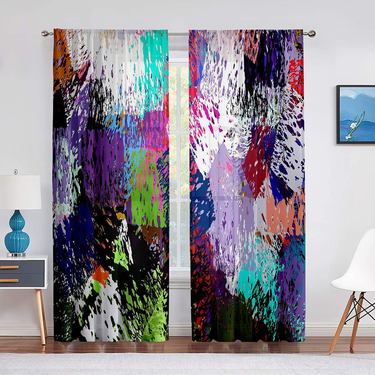 Abstract Oil Painting Colored Tulle Voile Curtains for Bedroom Window ...