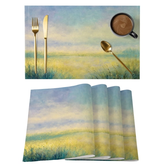Abstract Oil Painting Cotton Linen Placemats Set of 1, Green Yellow ...