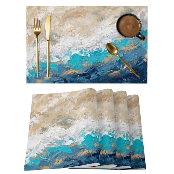 Abstract Oil Painting Cotton Linen Placemats Set of 8, Retro Beige Blue ...